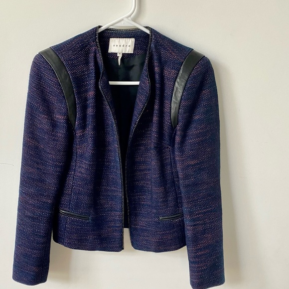 Sandro | Jackets & Coats | Sandro Tweed Jacket With Leather Trim | Poshmark